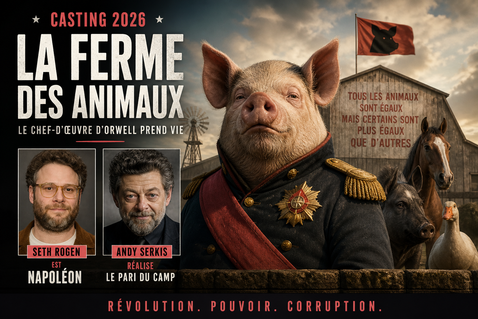 Casting La Ferme des Animaux 2026 : Seth Rogen en Napoléon, Andy Serkis ...